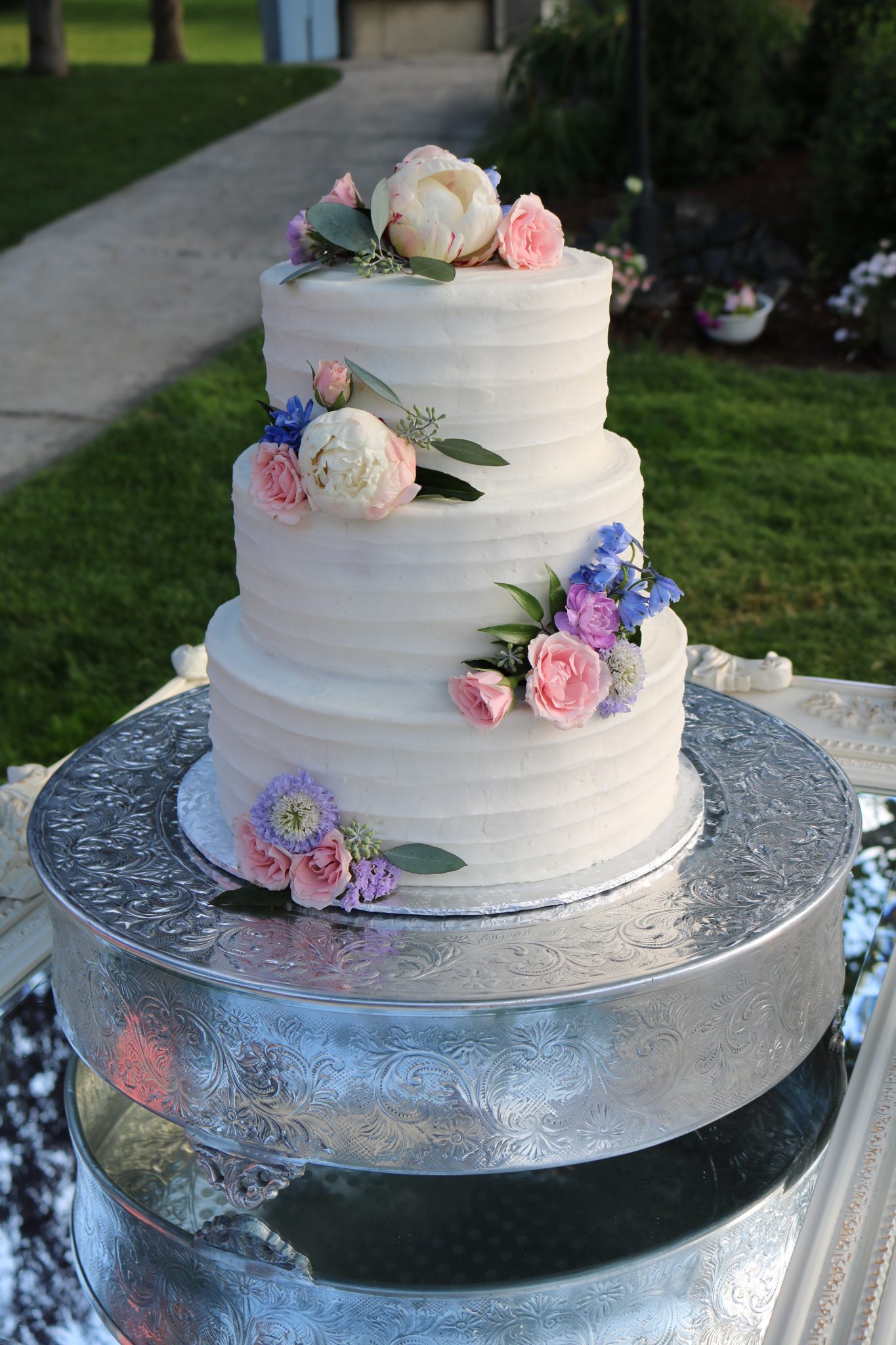 3 Tier “Fluted/Lined” Buttercream Textured Wedding Cake – Rexburg Cakes